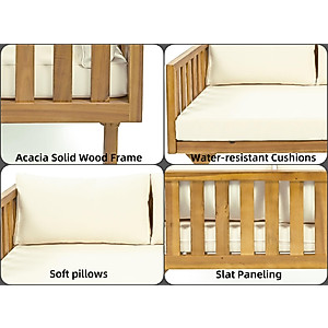 Merax Outdoor 3 Seater Daybed, Acacia Wood Day Bed Couch Sofa with Cushions for Patio Backyard, Garden, Beige