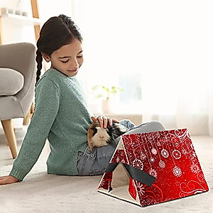 Y-DSIWX Guinea Pig Hideout House Bed, Red Christmas Winter Abstract Snowflakes Pattern Rabbit Cave, Squirrel Chinchilla Hamster Hedgehog Nest Cage
