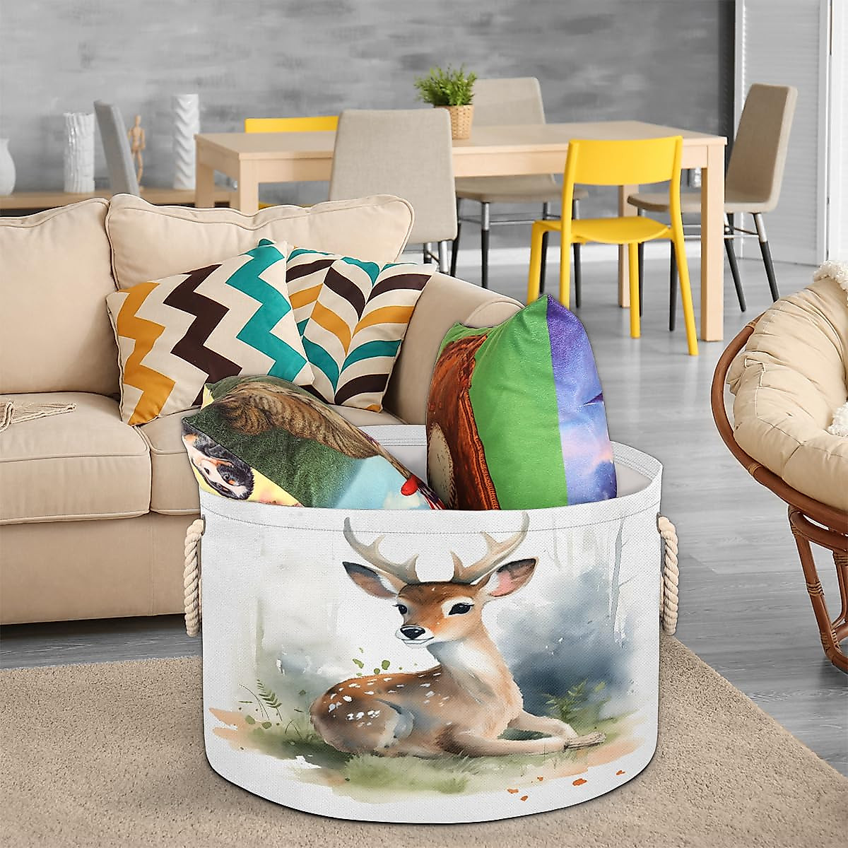 OMFUNS Deer Animal Round Storage Basket Extra Large Art Painting Laundry Hamper Basket for Blankets Clothes Cotton Rope Basket Towel Nursery Baby Toy Pet Basket Decorative