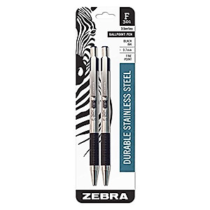 Zebra Pen F-301 Retractable Ballpoint Pen, Stainless Steel Barrel, Fine Point, 0.7mm, Black Ink, 2-Pack