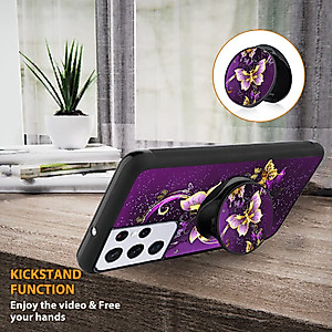 SAKUULO for Samsung Galaxy S21 Ultra Case, [Screen Protector + Kickstand] Purple Butterfly Design,Tire Texture Anti-Slip Shockproof Lightweight Protective Case for Galaxy S21 Ultra 6.8 Inch (2021)