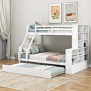 DEYOBED Twin Over Full Wooden Bunk Bed with Trundle and Shelves - Designed for Kids, Teens, and Adults, Enhancing Space and Organization in Bedrooms