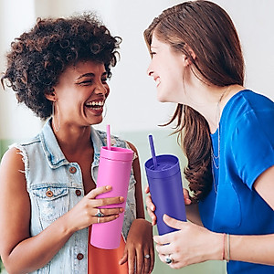 Raiten 27 Pieces Skinny Tumbler Cups with Lids and Straws 16 oz Acrylic Tumblers Bulk Colored Matte Tumblers Reusable Double Wall Plastic Mugs Cold Hot Drinks Water Bottles for Women Teacher DIY Gifts