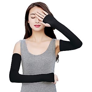 Bellady Women Stretchy Long Arm Sleeves Fingerless Gloves Arm Cover, Black, One Size
