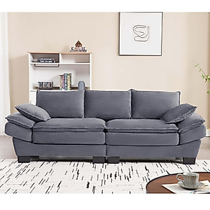 KIVENJAJA Corduroy Small Sectional Cloud Couch, Modern Comfy 3 Seater Sofa Oversized Loveseat with 2 Pillows for Living Room Apartment Bedroom Small Space, 88.6”W, Grey
