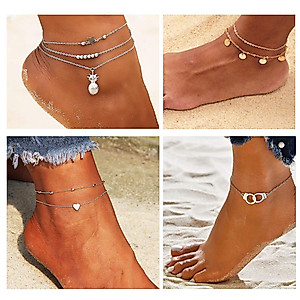 FUNEIA 12/16/30Pcs Ankle Bracelets for Women Gold Silver Rose Gold Charm Anklets Set for Teens Boho Layered Beach Adjustable Foot Chain Summer Beach Jewelry