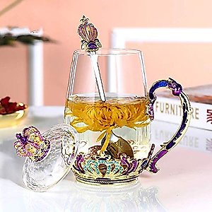 Youeon 12 Oz Enamel Glass Tea Cup with Lid and Spoon, Fancy Tea Cup with Crown, Clear Glass Cup with Gift Box, Handmade Glass Coffee Mug for Women, Girls, Birthday, Mother's Day, Valentines Day