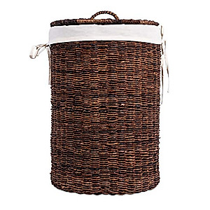 BirdRock Home Abaca Laundry Hamper with Liner - Round Clothes Bin with Lid - Organize Laundry - Cut-Out Handles for Easy Transport - Includes Machine Washable Canvas Liner (Espresso)