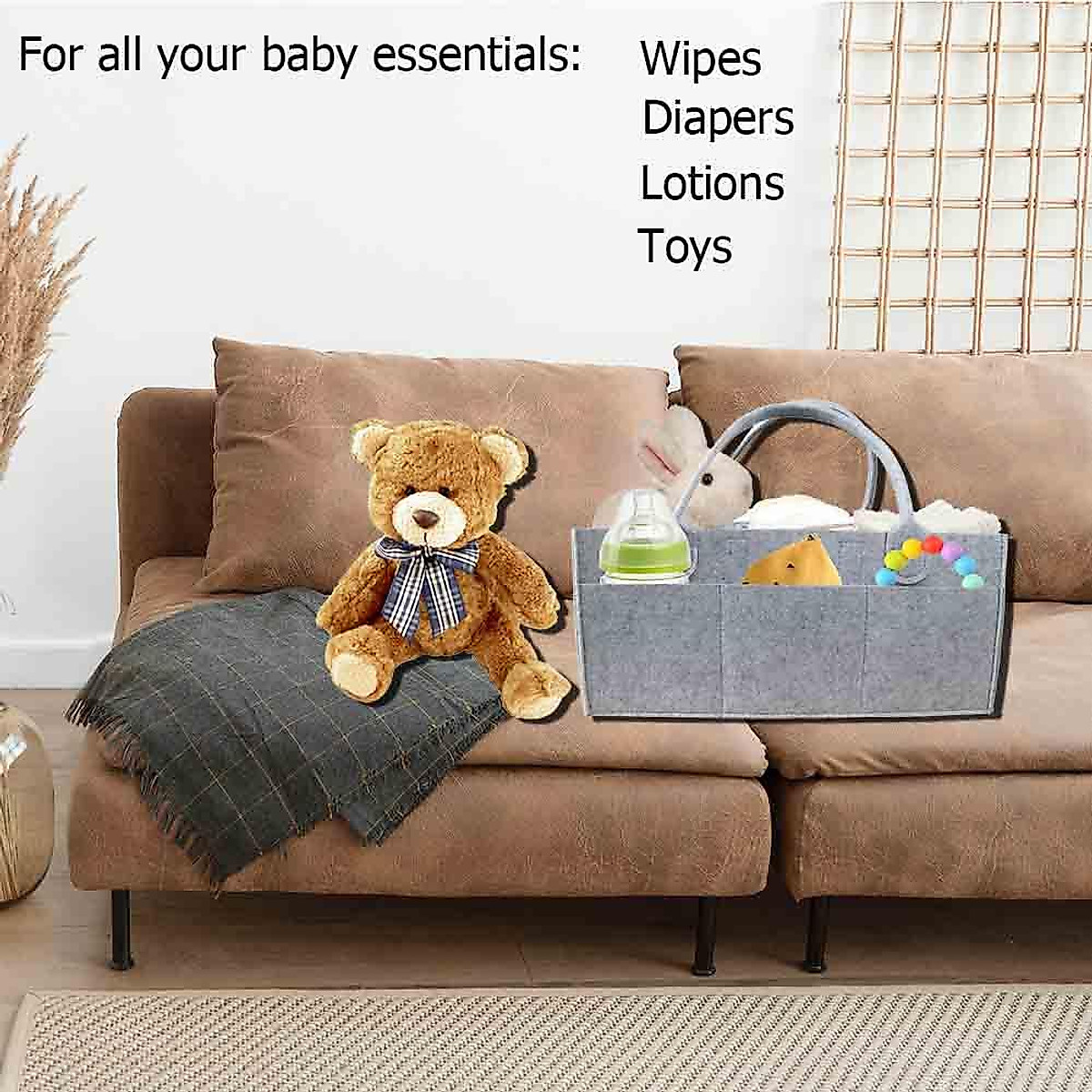 TOFOAN Baby Diaper Caddy Organizer with Removable Inserts,Thickened Felt Nursery Basket,Baby Diaper Bag Organizer with Detachable Dividers,Baby Diaper Caddy Organizer for Changing Table,Car - Grey