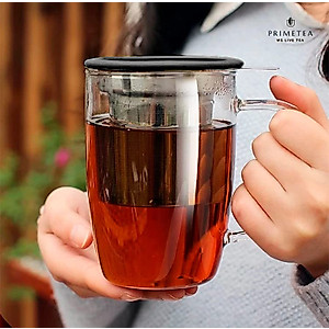 Prime Tea - Glass Teacup with Tea Infuser, 16oz / 470 ml, Hand Blown, Single Wall, Heat Resistance Borosilicate Glass Teacups for Blooming Tea & Loose Leaf Tea, Microwave & Dishwasher Safe (Black)
