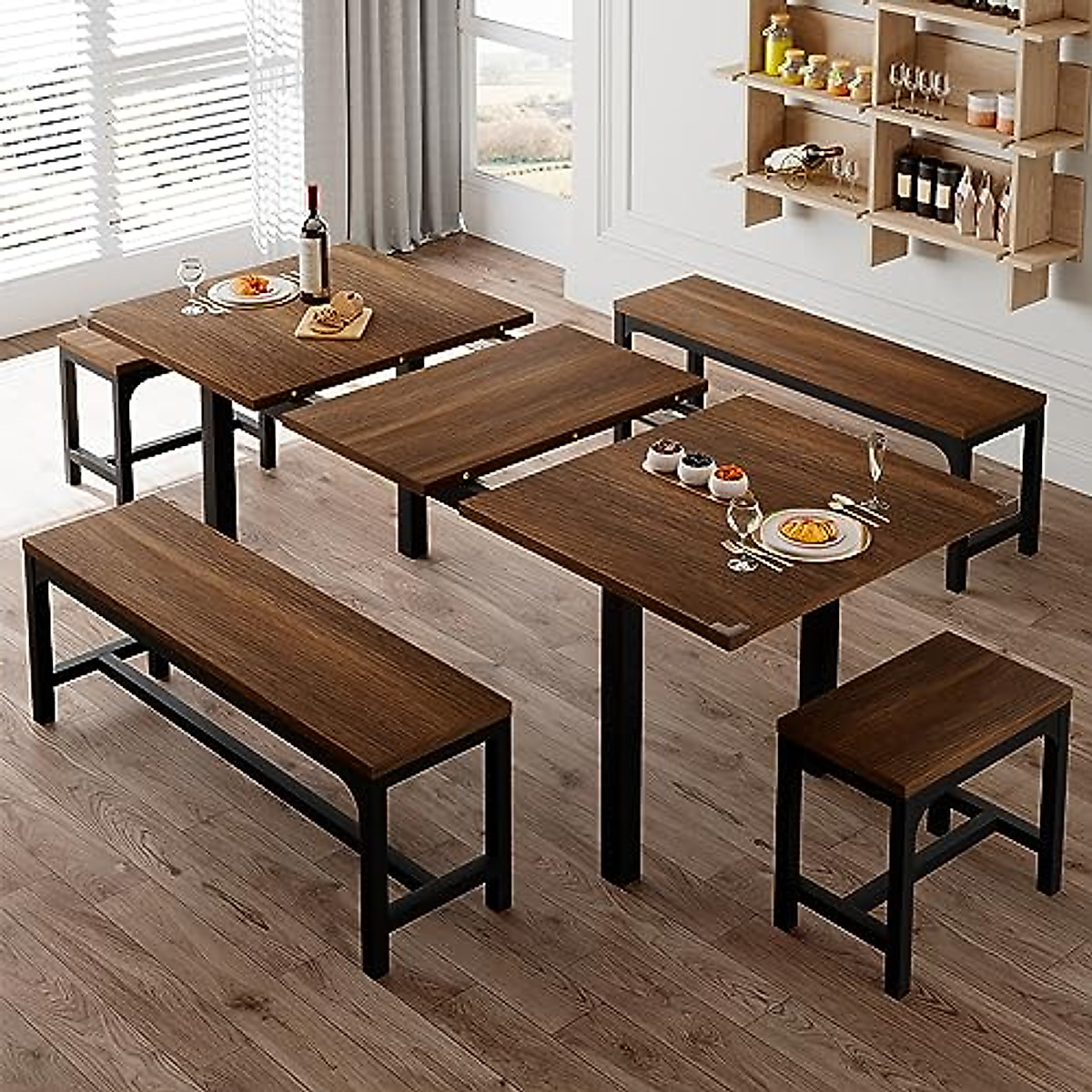 Feonase 5-Piece Dining Table Set for 6-10 People, 63" Large Extendable Kitchen Table Set with 2 Benches and 2 Square Stools, Dining Room Table with MDF Wood Board, Easy Assembly, Walnut