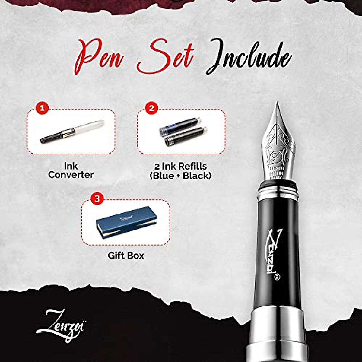 ZenZoi Black Fountain Pen Fine Nib - Beautiful Luxury Pen For Men Or Women With German Schmidt Nib, Converter, 2 Ink Refills (Blue & Black) & Pen Gift Box. Nice, Executive Pens For Smooth Writing