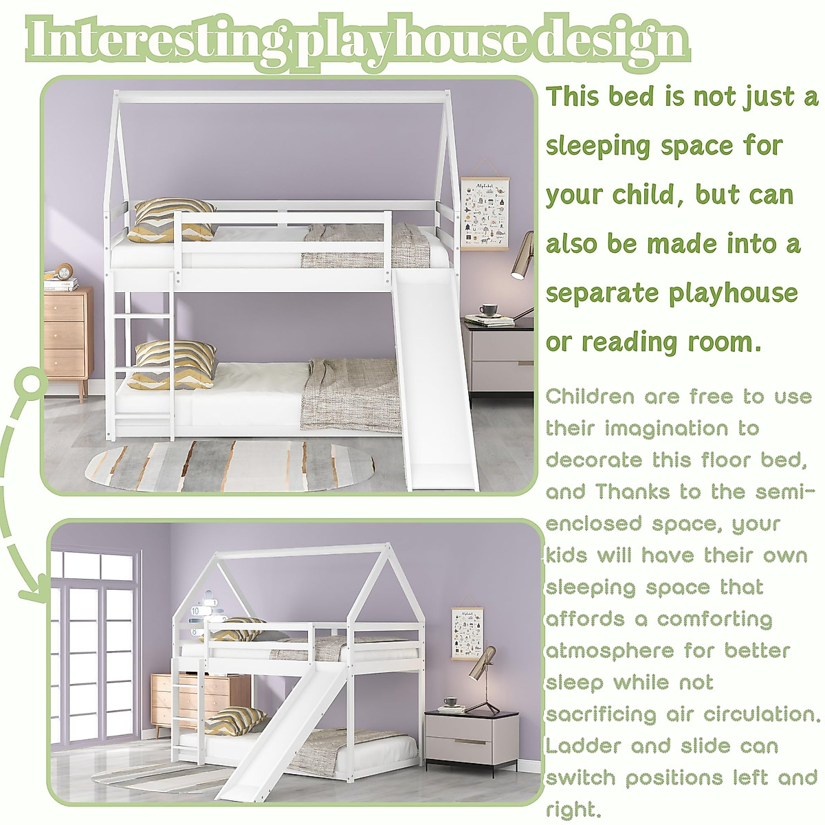 Harper & Bright Designs Twin Bunk Beds for Kids,Wood House Bunk Bed Twin Over Twin,Kids Bunk Bed with Slide and Roof for Girls Boys,Grey