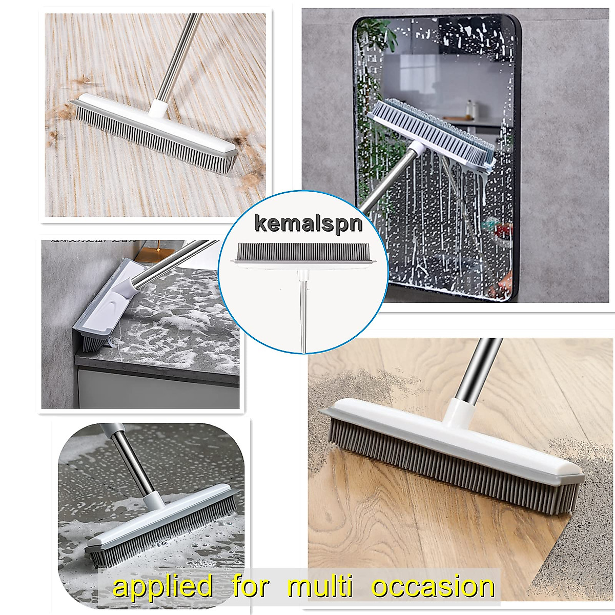 pet Hair Removal Broom Rubber Broom 66 inches Extended 2-in-1 Carpet rake with Scraper 4 Sections Stainless Steel Handle to Clean Hardwood Floor Bathroom Wipe