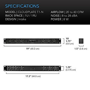 AC Infinity CLOUDPLATE T1-N, Rack Mount Fan Panel 1U, Intake Airflow, for Cooling AV, Home Theater, Network 19” Racks