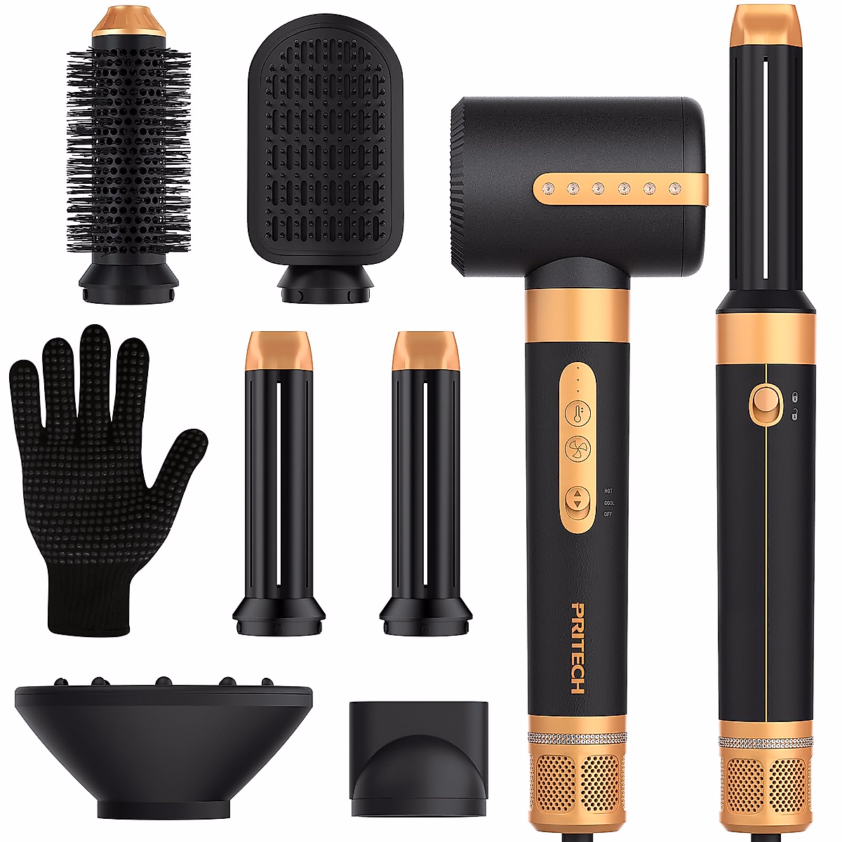 Hair Dryer Brush, PRITECH Blow Dryer Brush Set with Diffuser, 7 in 1 Hair Styling Tools 110000 RPM High Speed Volumizer Drying, Ionic Hairdryer Curler Straightener,Curling Wand