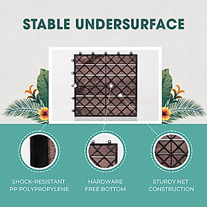 Idzo Interlocking Deck Tiles - 10PCS Waterproof Acacia Wood Patio Tiles, Flooring Tiles for Both Indoor and Outdoor - Decking Stripe Pattern, Dark Brown, 12 x 12 x 0.9 inches