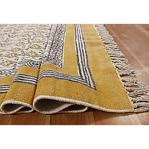 CASAVANI Collection Rectangular Rug - 5x7 Ft Musterd Yellow Cotton Dhurrie Floral Kilim Rug Indoor Outdoor Use Carpet Flatweave Rug High Traffic Area in Bedroom Dining Room Living Room
