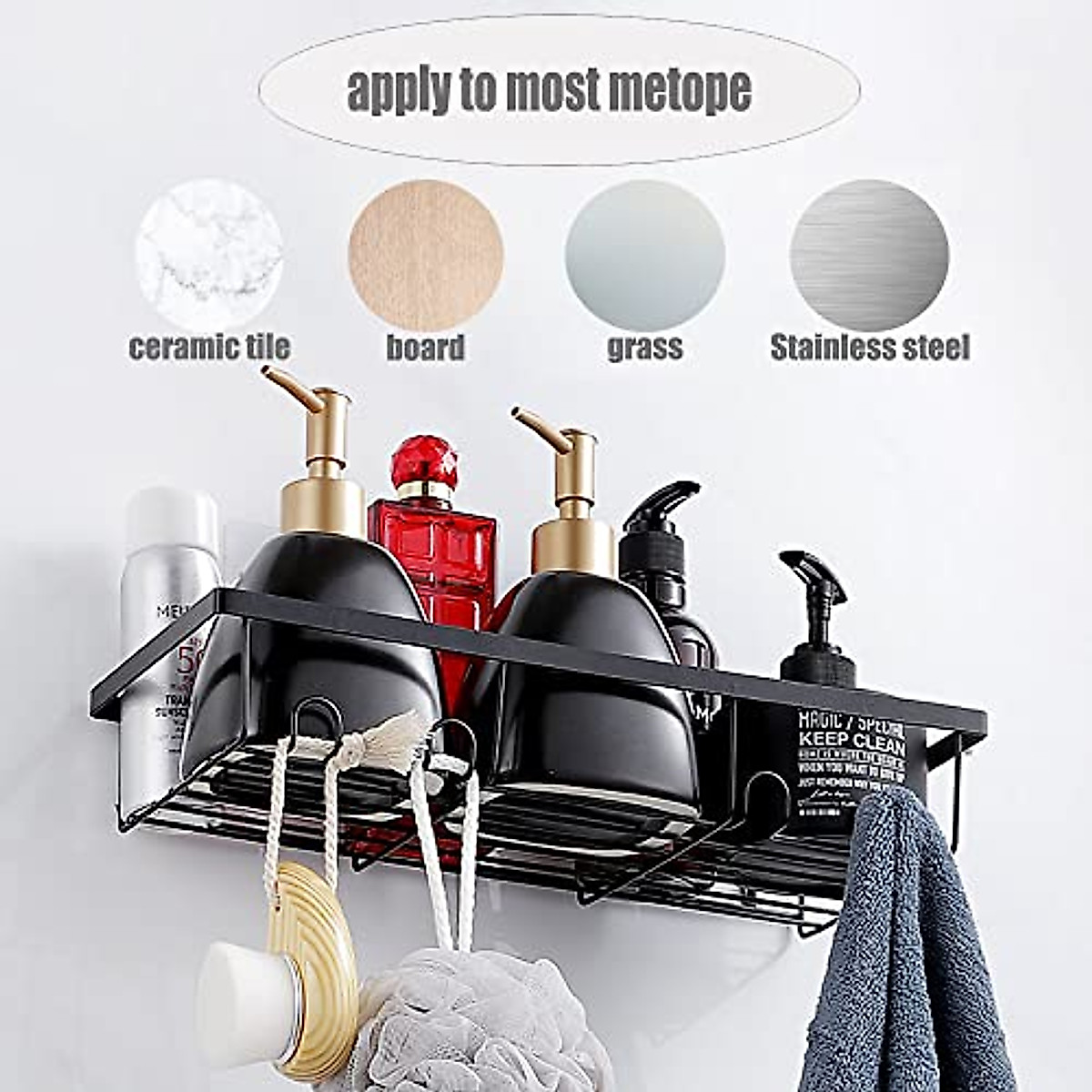 Edsumey Shower Organizer (Set of 3) w/Soap Holder, Shower Rack, No Drilling Adhesive Rustproof Shower Shelf, Stainless Steel 2-in-1 Spice Rack, Pack of 3 (Matte Black)