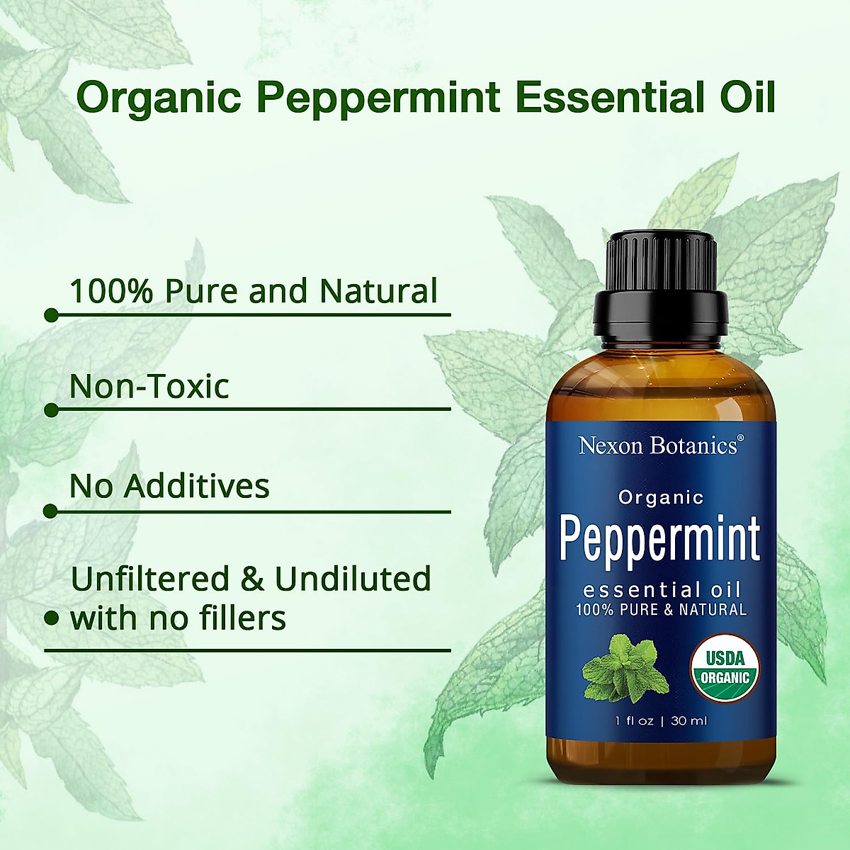 Organic Peppermint Essential Oil 30 ml - 100% Pure Peppermint Oil for Diffuser -Natural, Undiluted Menthol Oil for Hair Care - Mint Oil for Skin Care - Pure Essential Oils Peppermint - Nexon Botanics
