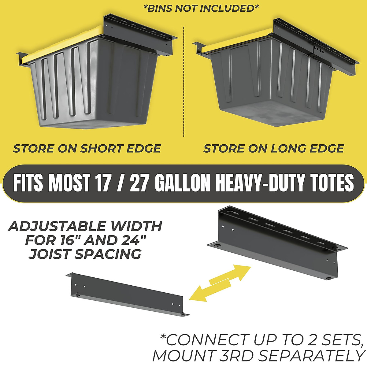 Amerito Overhead Garage Storage Rack for Tote Bins - Organization System for 3 Containers - Adjustable Ceiling Mount Rails - Supports Heavy-Duty 17/27 Gallon Bins - Alloy Steel (3 Sets)