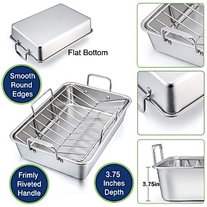 16” Roaster Roasting Pan with Baking Rack and V-shaped Rack, P&P CHEF Stainless Steel Rectangular Lasagna Pan with Handles for Turkey Chicken, Heavy Duty & Healthy & Dishwasher Safe, 3 Pieces