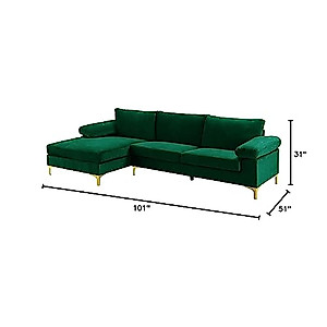 Casa Andrea Milano Modern Sectional Sofa L Shaped Velvet Couch, with Extra Wide Chaise Lounge and Gold Legs, Large, Emerald