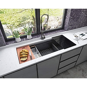 KINGSMAN ALL-IN-ONE Workstation 48 in. 16-Gauge Undermount Double Bowl Stainless Steel Kitchen Sink w/Build-in Ledge and Accessories (Galaxy Pearl Black)