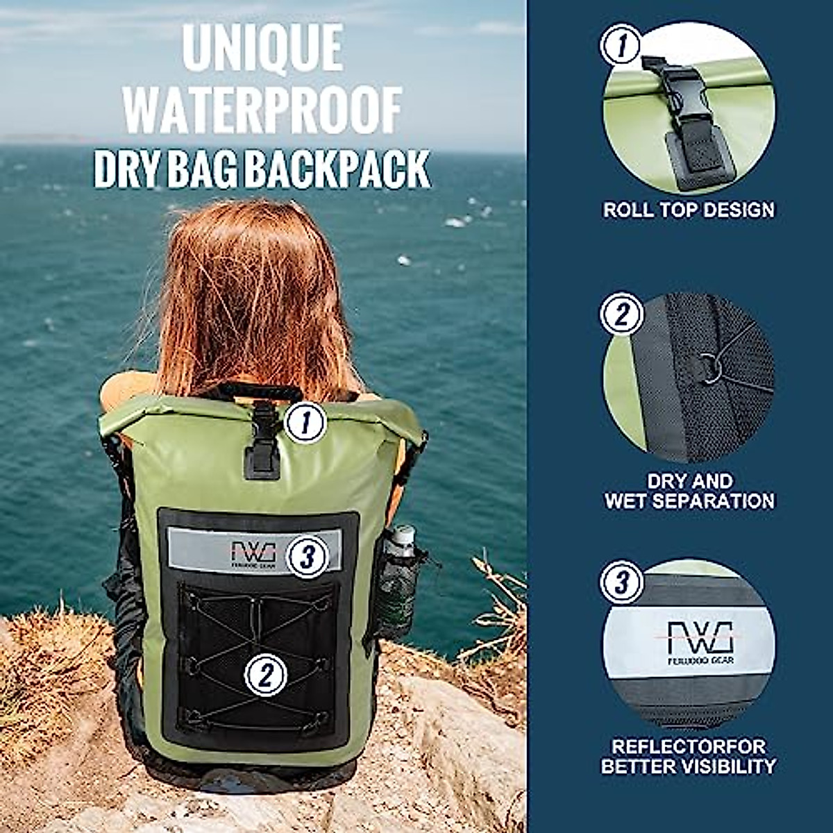 FEIWOOD GEAR Dry Bag Waterproof Backpack for Kayaking, Floating Roll Top Dry Bag for Outdoors Water Activities Kayaking, Boating, Hiking, Camping, Rafting and Fishing