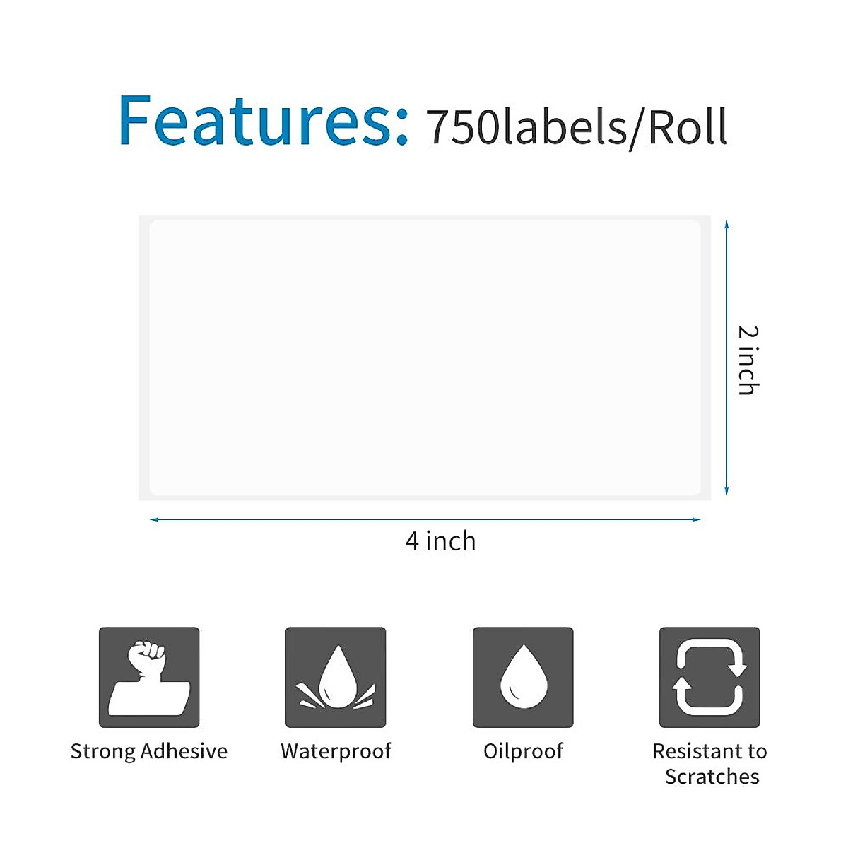 Essential 4"X2" Direct Thermal Barcode Labels, Shipping Labels, 750 Labels of Roll, Compatible with Zebra Printers (1 Roll-750 Labels)