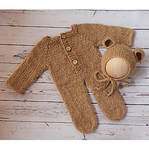 Vemonllas Newborn Photography Props Boys Girls Outfits Mohair Bear Hat Bonnet & Footed Romper Bodysuit Photoshoot Costume Set (Camel)