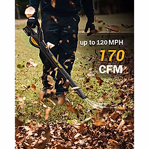 Cordless Leaf Blower with 2 X 20V Battery and Charger, Rock&Rocker Electric Leaf Blower 120MPH/170CFM 6 Adjustable Speeds and 2 Adjustable Tubes for Lawn Care/Yard/Jobsite/Patio