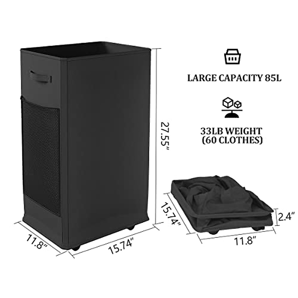 AOFEITE Large Laundry Basket Hamper with Wheels 85L Tall Rolling Collapsible Waterproof Clothes Hamper Organizer Sorter with Mesh Pockets Handle for Bathroom Bedroom Home