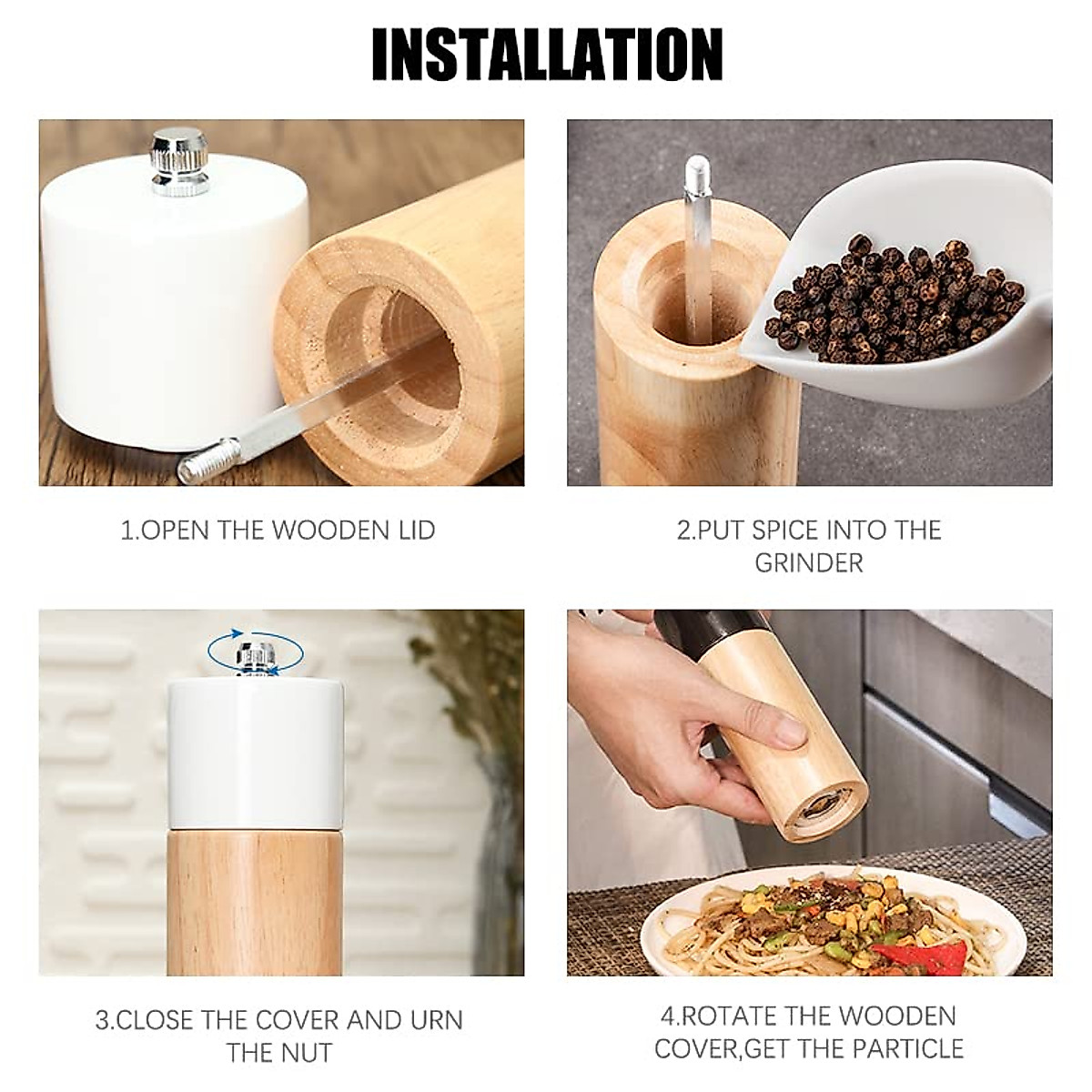 Salt and Pepper Grinder Set | Wooden Salt Grinder Shakers with Adjustable Ceramic Core | Manual Salt and Pepper Mill Refillable for Spice/Sea Salt/Chili/Peppercorn | Pack of 2 (White + Black)