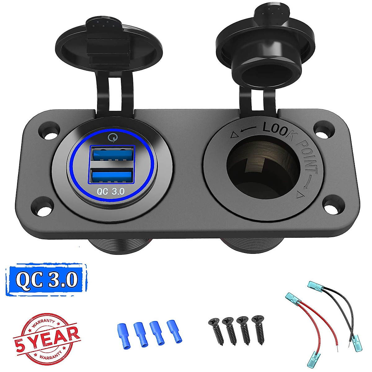 QC 3.0 USB Outlet 12V Boat Marine Waterproof Cigarette Lighter Socket Splitter 12 Volt DC Power Charger Adapter DIY Kit with Blue LED Dual USB Ports for Rocker Switch Panel on Car RV Golf Cart ATV