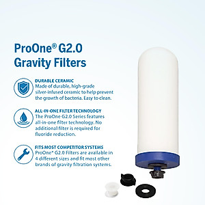 ProOne G2.0 9-Inch Gravity Water Replacement Filter for Big+ Countertop Gravity Water Filtration Systems, 2 Pack, Independently Tested Proven to Reduce PFAS