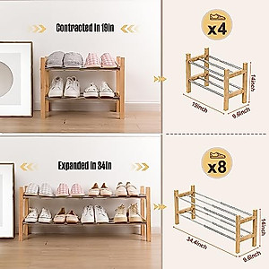 NUDUKO Expandable Shoe Rack Storage Organizer - 2 Tier Adjustable Wood and Metal Shoe Shelf Heavy Duty Small Shoe Rack for Closet Bedroom Entryway (Natural)