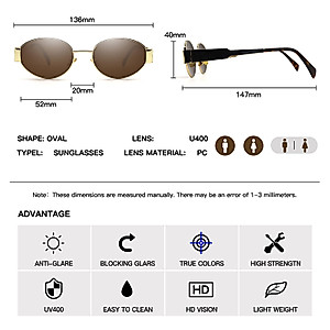 Generic Oval Sunglasses for Women Trendy Designer Sun Glasses for Small Face Retro Metal Frame Womens Shades, Medium, Gold-browm