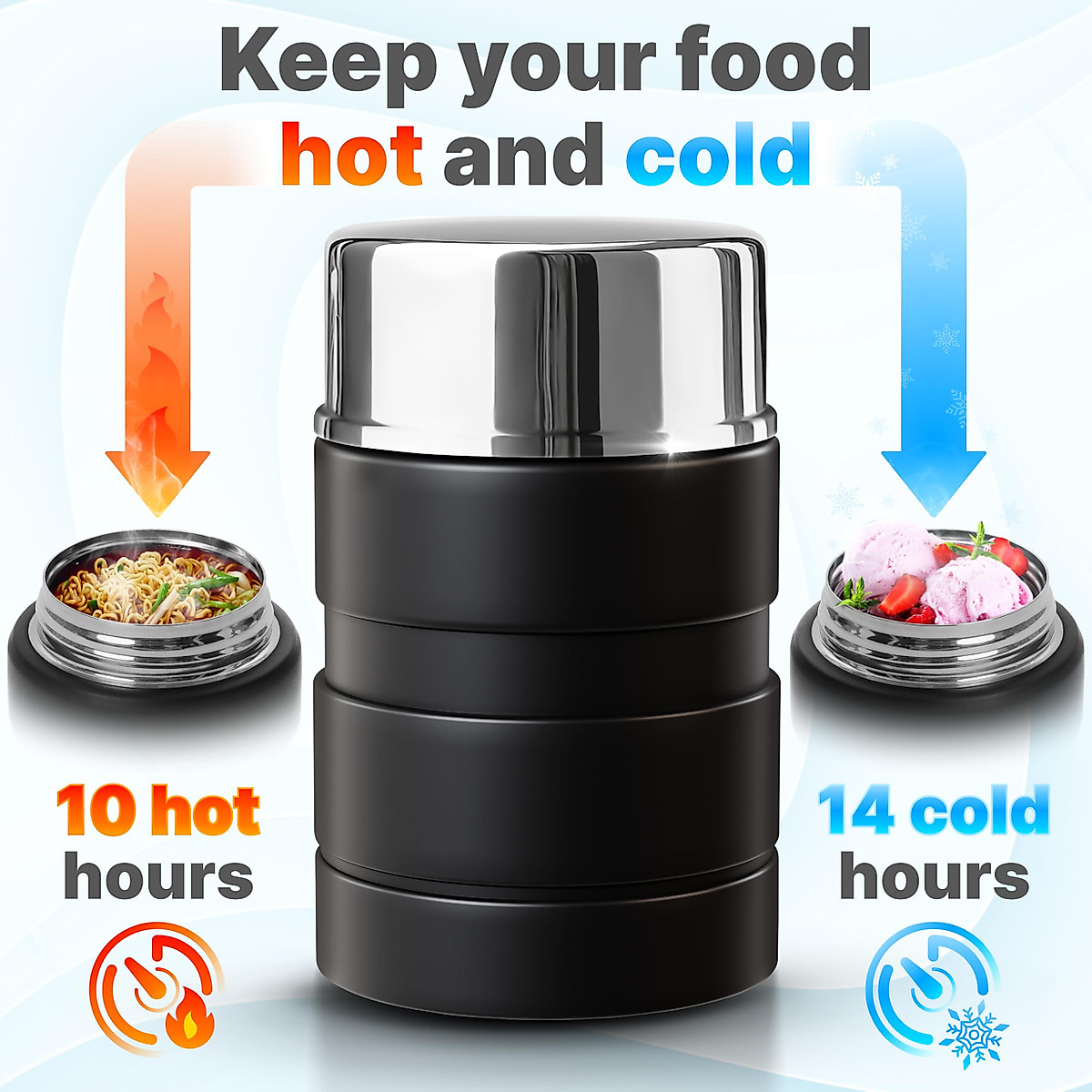 Earth&ME Stainless Steel Thermo For Hot Food 17OZ with Folding Spoon, Vacuum Insulated Food Container, Soup Thermo with Wide Mouth, Insulated Food Jar for Hot & Cold Food, Matte Black