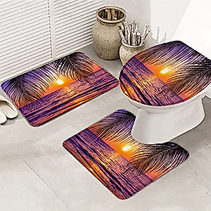 Bathroom Rugs, Memory Foam Bath Mat Bathroom Set, Beach Seascape Ocean Themed Coconut Palm Tree Summer Beach Hawaii 3 Pieces Bath Rugs Bathroom Accessories, Home Decor Non-Slip Shower Mat for Tub
