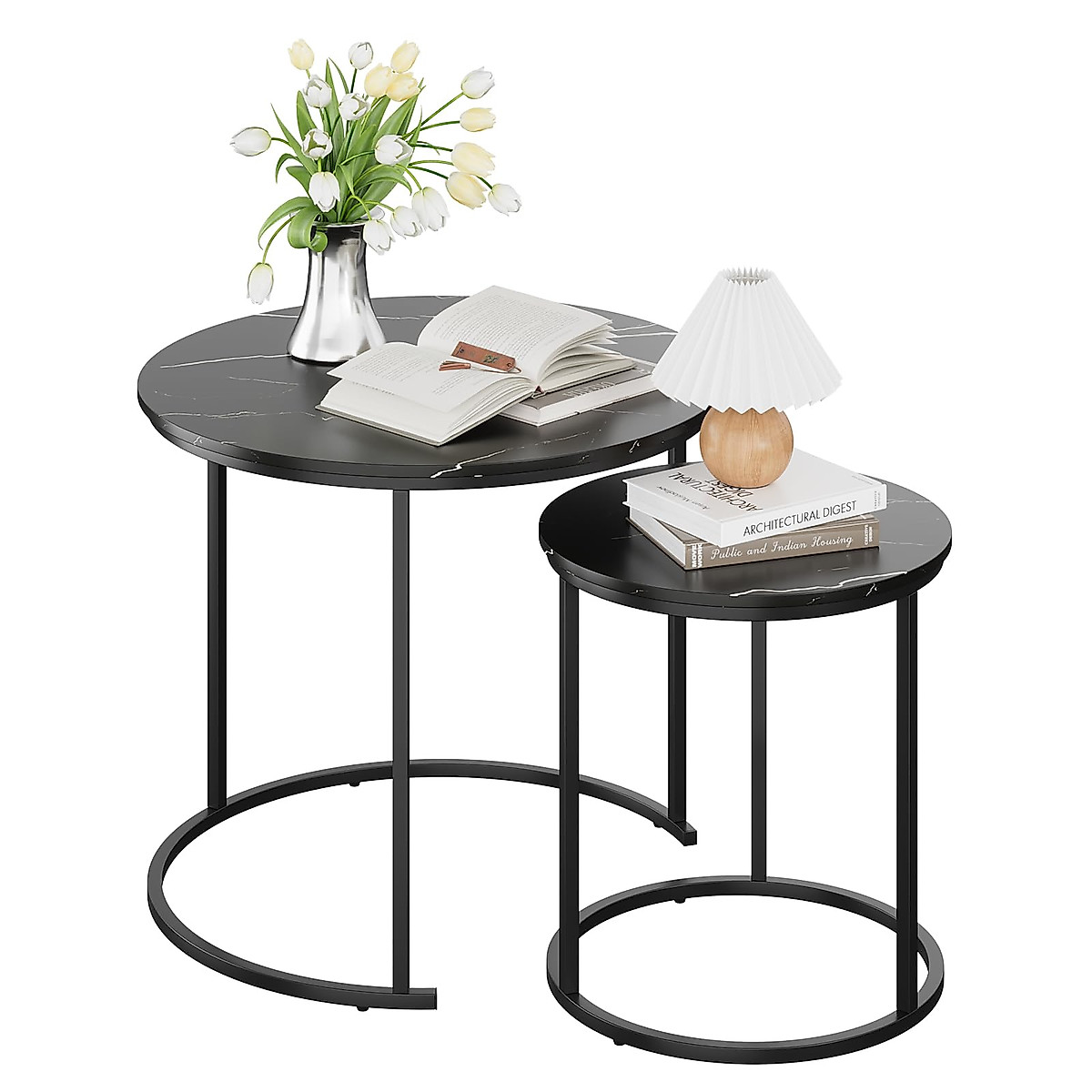 RRG Coffee Table Nesting Black Set of 2 Side - Black Frame and Round Black Marble Wood Table, Industrial End Table Side Tables for Living Room Bedroom Apartment Balcony Yard, Black Marble