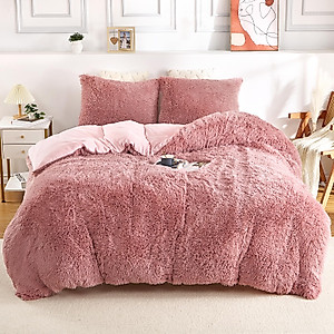 CAROMIO Fluffy Duvet Cover Set King Size, Luxury Soft Faux Fur Duvet Cover with Button Closure Corner Ties, 3 Piece Shaggy Bedding Set with 2 Pillow Sham for Cold Winter (King, Pink)