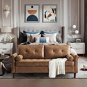 JEEOHEY Small Couch, 60 Inch Mid-Century Modern Faux Leather Upholstered Loveseat Sofa Furniture for Small Space, Living Room, Bedroom, 2 Throw Pillows, Rolled Arm, Back Cushion, Brown