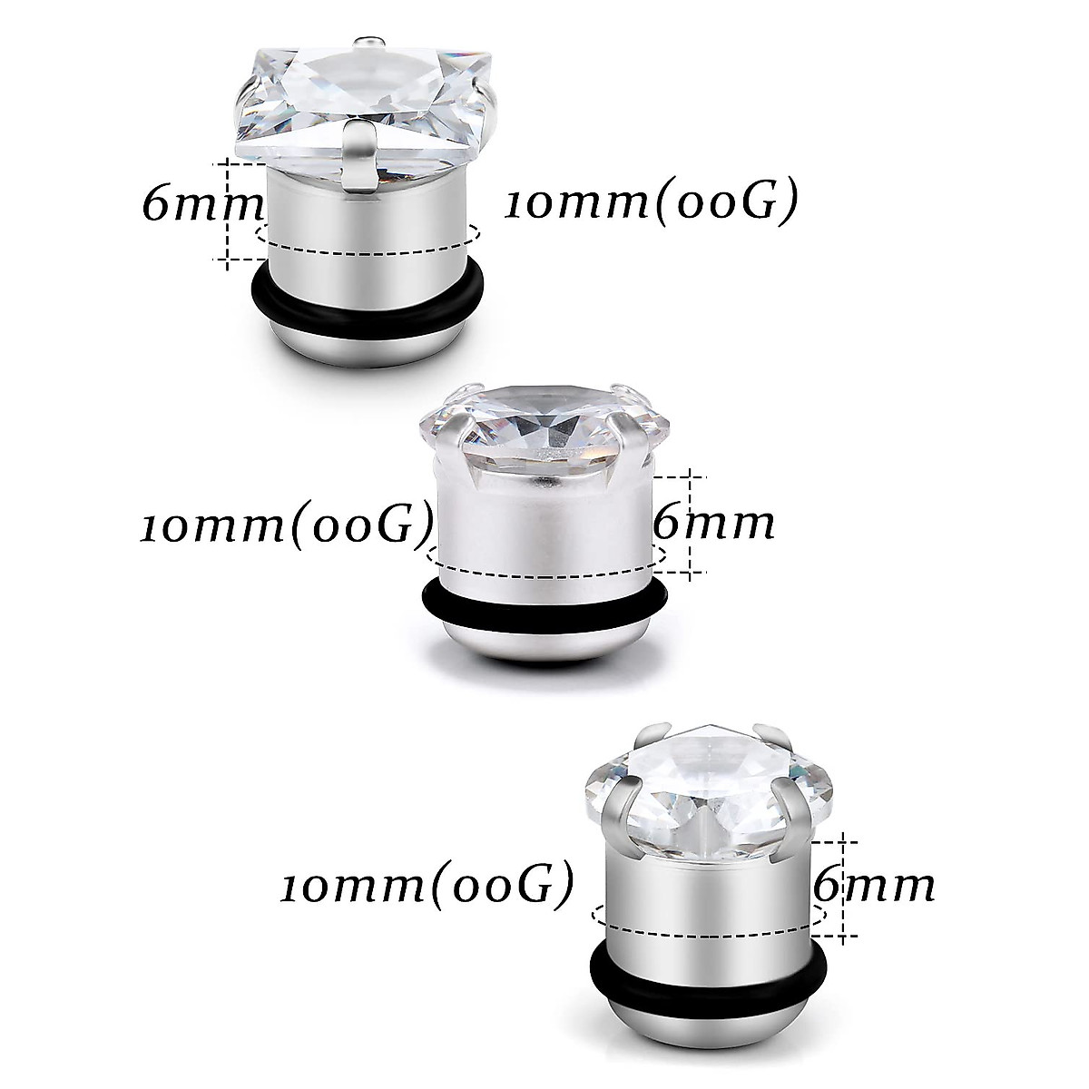 Vsnnsns 00G 316L Surgical Stainless Steel Cubic Zirconia Ear Gauges Plugs Tunnels Taper Stretching Kit Expander Piercing Jewelry for Women Men 10mm Circular CZ Square CZ Heart CZ 00 Gauge Silver