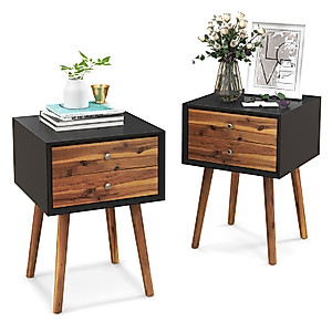 Giantex Nightstand with 2 Drawers Set of 2, Mid Century Modern Bedside Table with Solid Wood Legs, Practical End Side Table for Living Room Bedroom Small Space, Night Stand, Black & Walnut