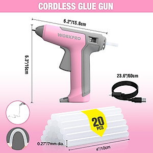 WORKPRO Pink Cordless Mini Hot Glue Gun, Energy Saving Rechargeable Fast Heating Glue Gun Kit with 20 Pcs Mini Glue Sticks, Automatic-Safety-Power-Off Glue Gun for Decoration, Art - Pink Ribbon