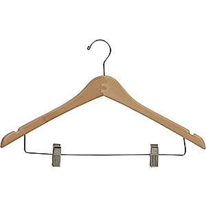 The Great American Hanger Company Curved Wood Combo Hanger w/Adjustable Cushion Clips, Box of 100 17 Inch Wooden Hangers w/Natural Finish & Chrome Swivel Hook & Notches for Shirt Jacket or Dress