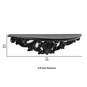 Benjara Hand Carved Wooden Moonbay Wall Shelf in Floral Design, Black