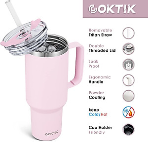 COKTIK 40 oz Tumbler With Handle and Straw Lid, Vacuum Insulated Travel Coffee Mug Stainless Steel Insulated Cup for Beverages, Leak-proof, Cupholder Friendly (Blush)