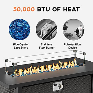 Oakcloud 8-Piece Outdoor Patio Furniture Sofa Set with 45” Propane Gas Fire Pit Table, Black Rattan Wicker Sectional Conversation Sets with Glass Top Table and Cushions(Grey, w/Fire Pit Table)